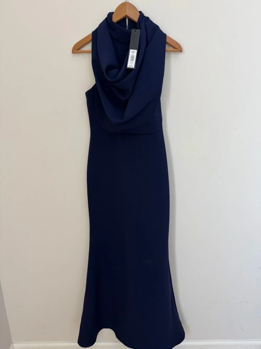 Badgley Mischka | Dresses | Badgley Mischka Navy Blue Cowl Neck Gown ...